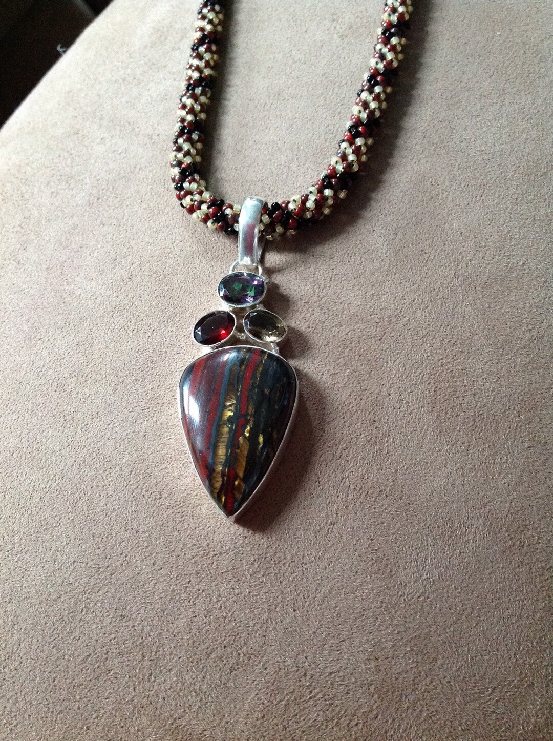 Red and Grey Bloodstone Pendant With Matching Seed Beads in Spiral ...