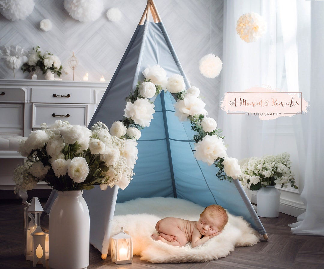 Newborn White Teepee Digital Backdrop Blue Teepee Backdrop - Etsy