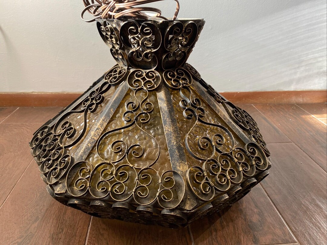 Vintage Mid Century Spanish Gothic Swag Pendant Lamp Wrought Iron ...