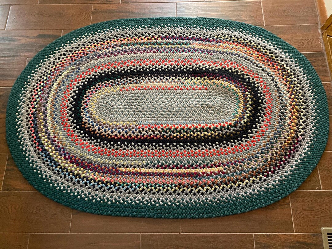 Vintage NEW Hand Braided Wool Rug Oval 3.5 X 5.5 STUNNING Green Blue ...
