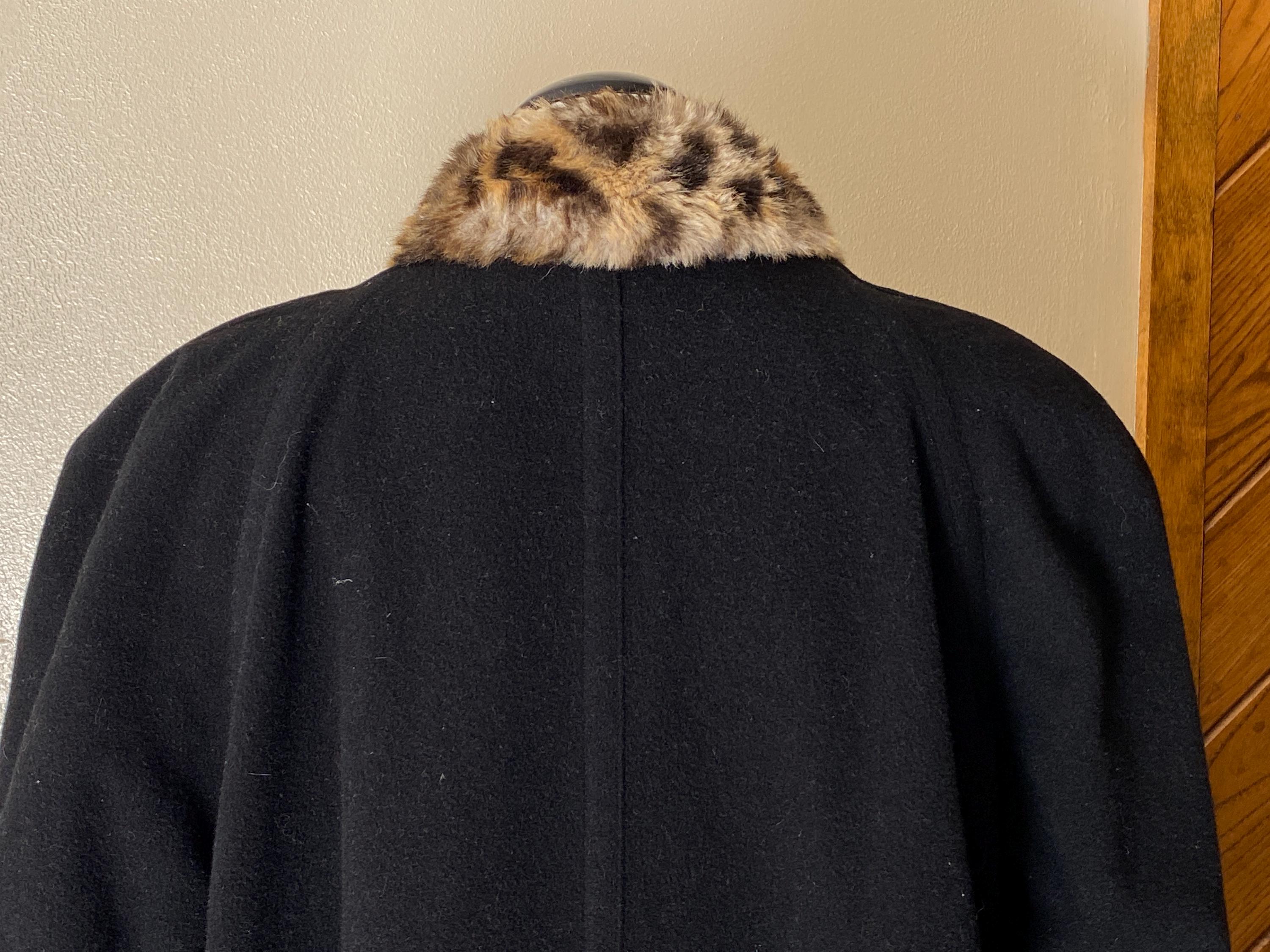 Vintage Mondi Escada Wool Coat Leopard Faux Fur Trim Black Swing Retro ...
