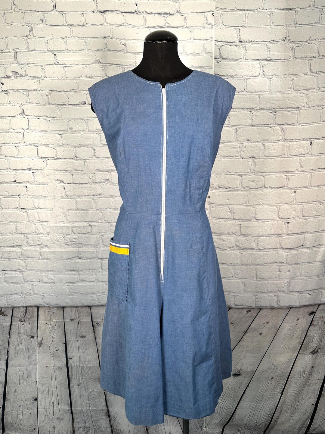 Vintage Volup Sexy 70s Denim Romper Zip Front Stripe Pocket Blue Yellow ...