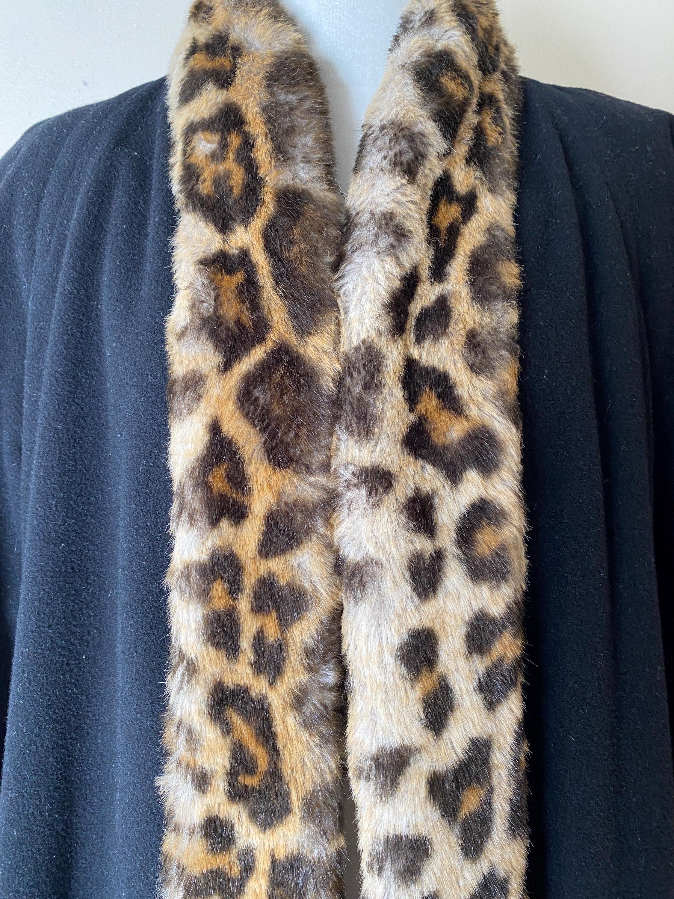 Vintage Mondi Escada Wool Coat Leopard Faux Fur Trim Black Swing Retro ...