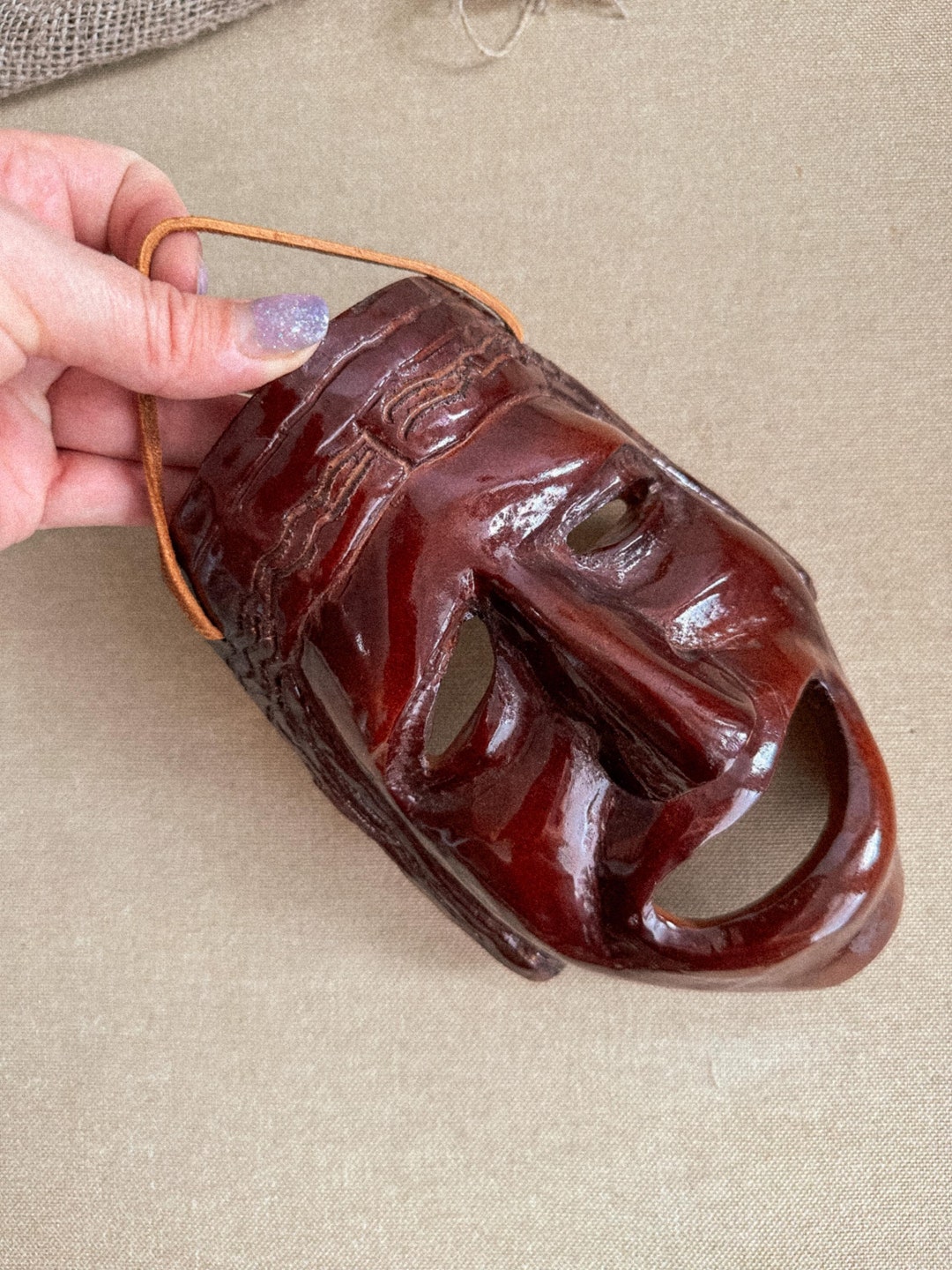 Mask Wall Hanging Wood Hand Carved Vintage Lacquered Mask Wooden ...