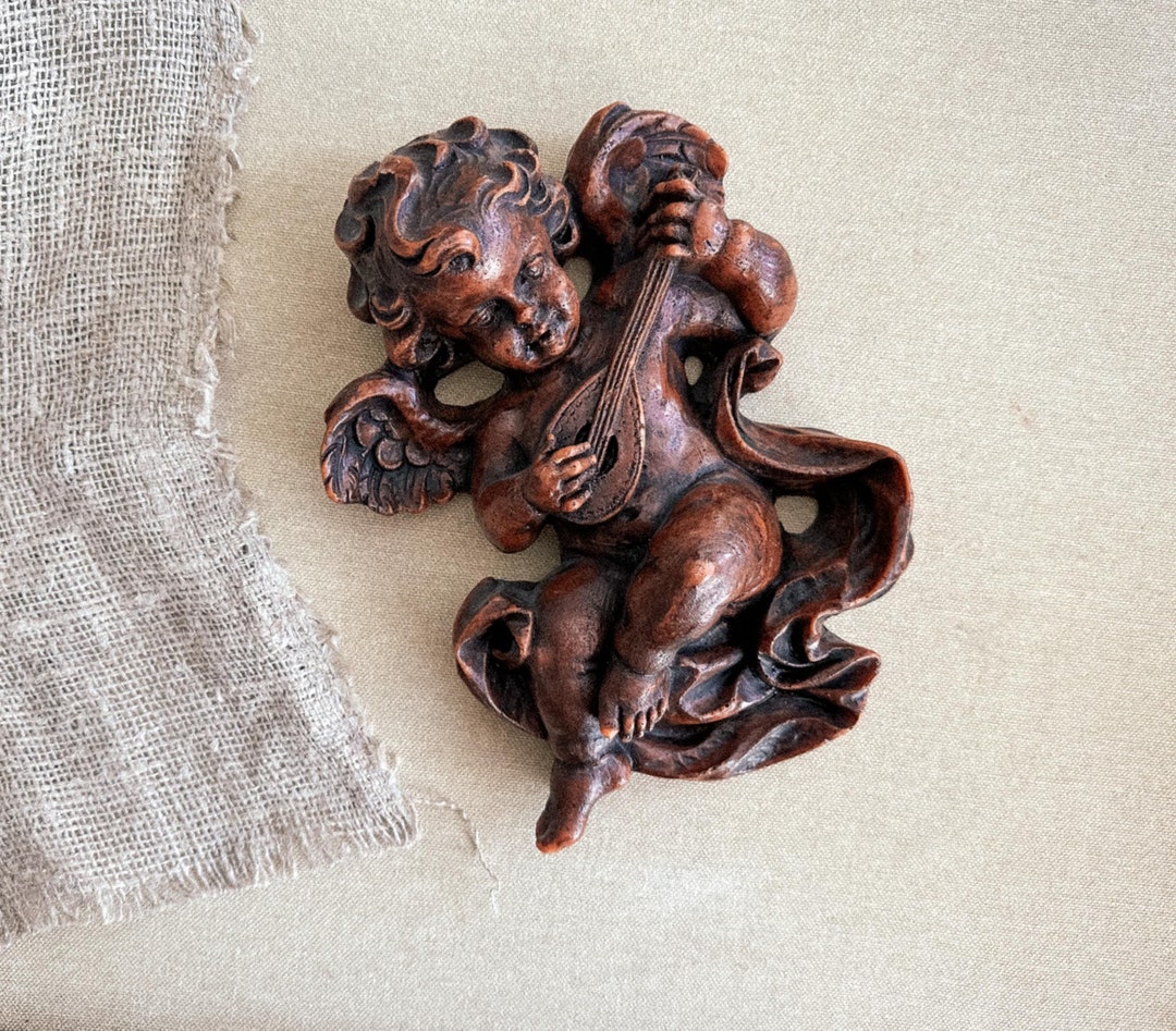 Vintage Wax Angel Sculpture: German Cherub With Balalaika Wall Hanging ...