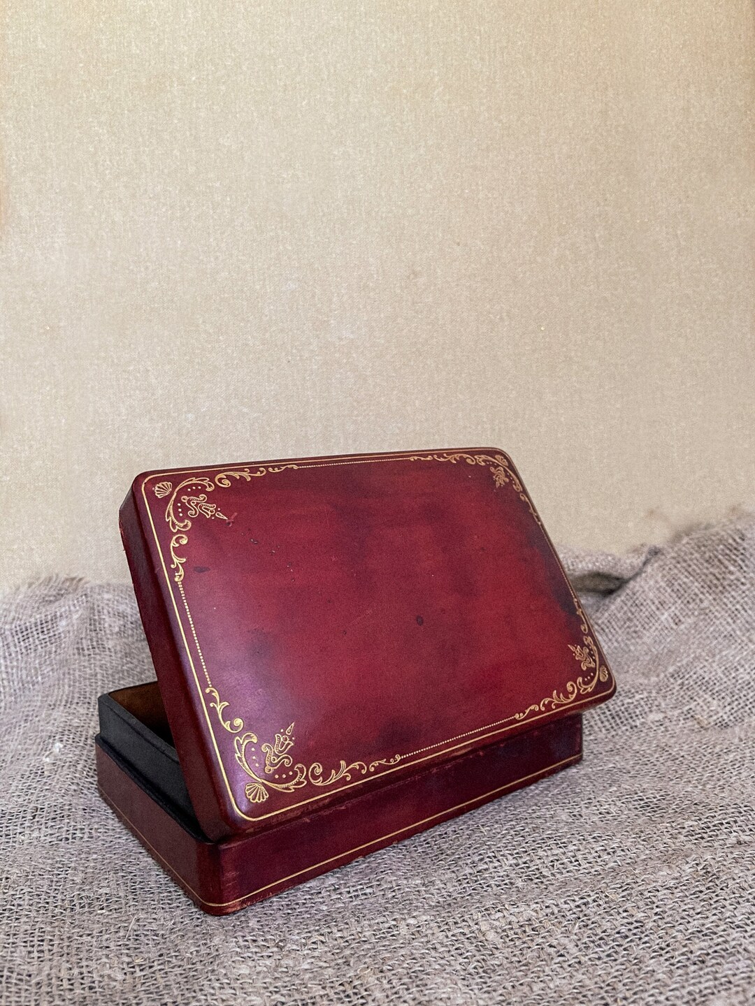 Italian Red Burgundy Leather Jewelry Box Vintage Antique Treasury Box ...