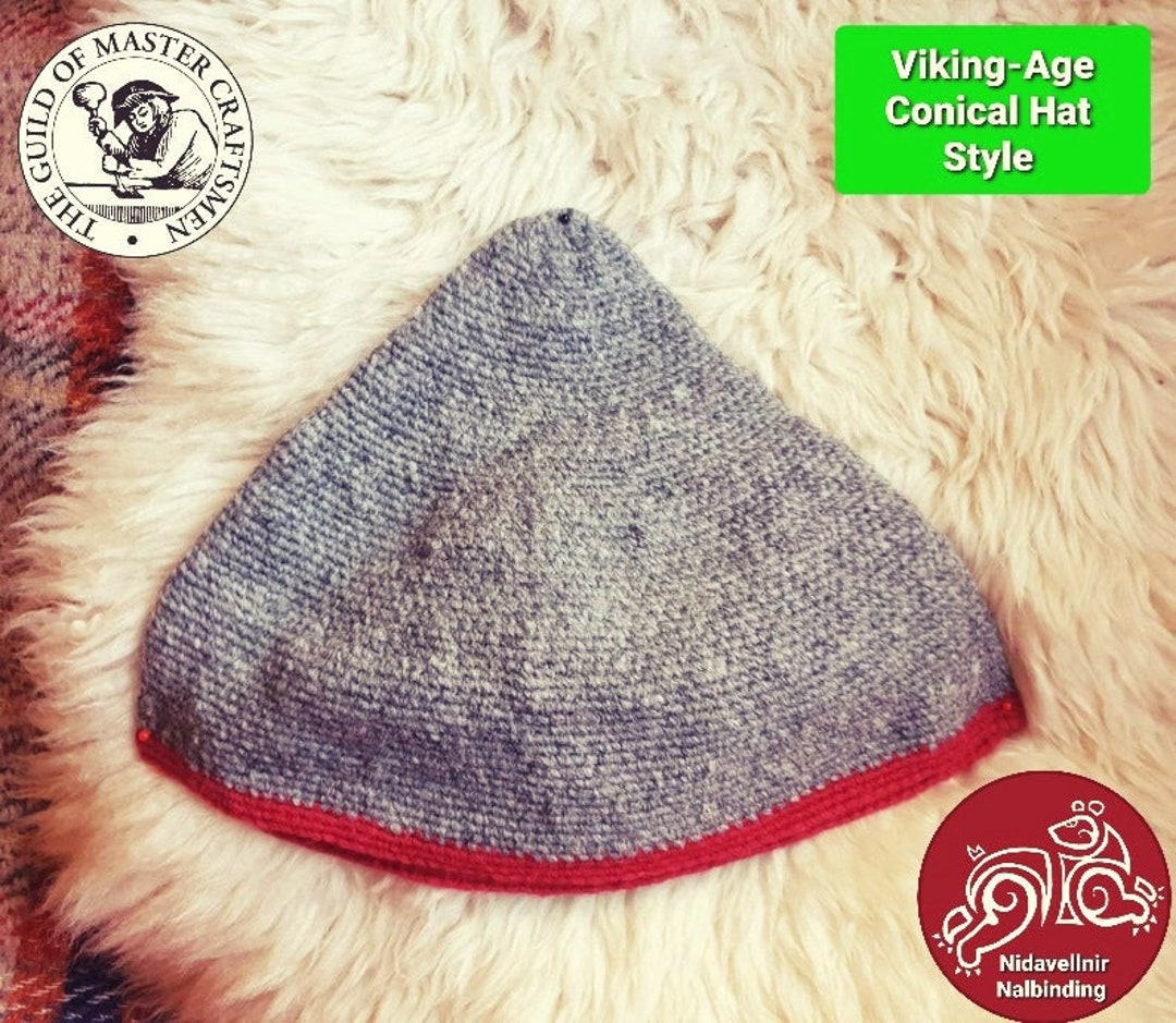Handmade Nalbinding Wool Hat: Viking Conical Style, Grey & Red - Etsy