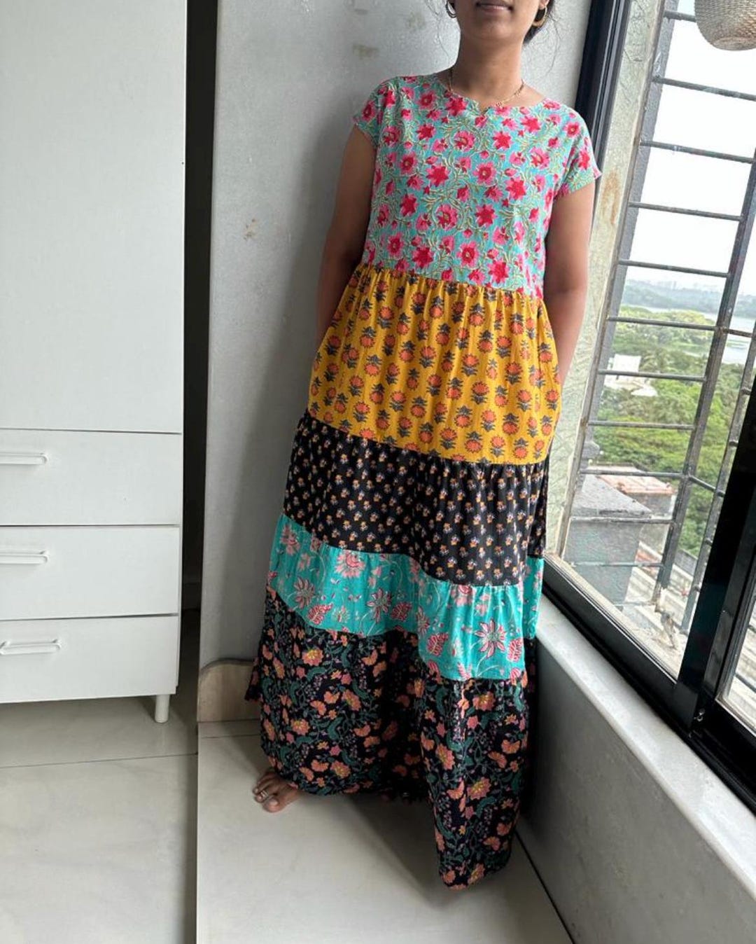 Calico Print Floral Boho Tier Sundress - Cap Sleeve Maxi Dress - Long ...