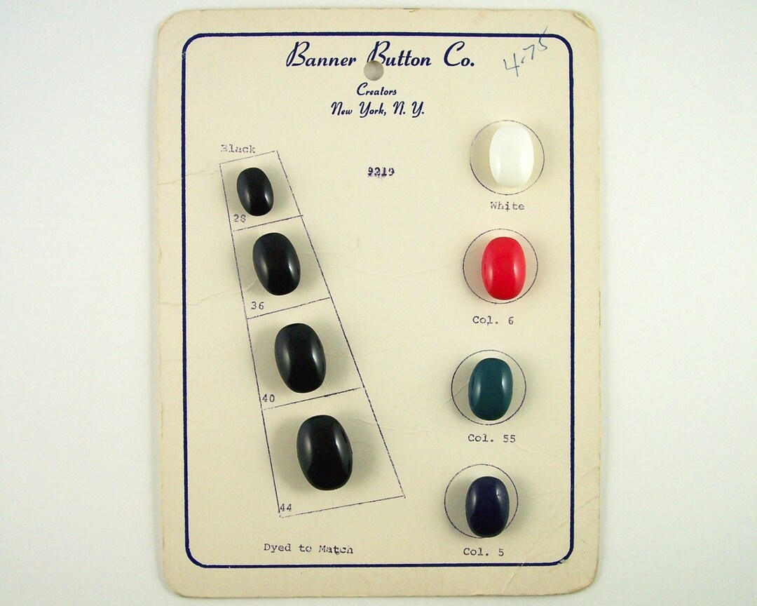 Vintage Button Sample Card, Various Sizes and Colors, Self Shank ...