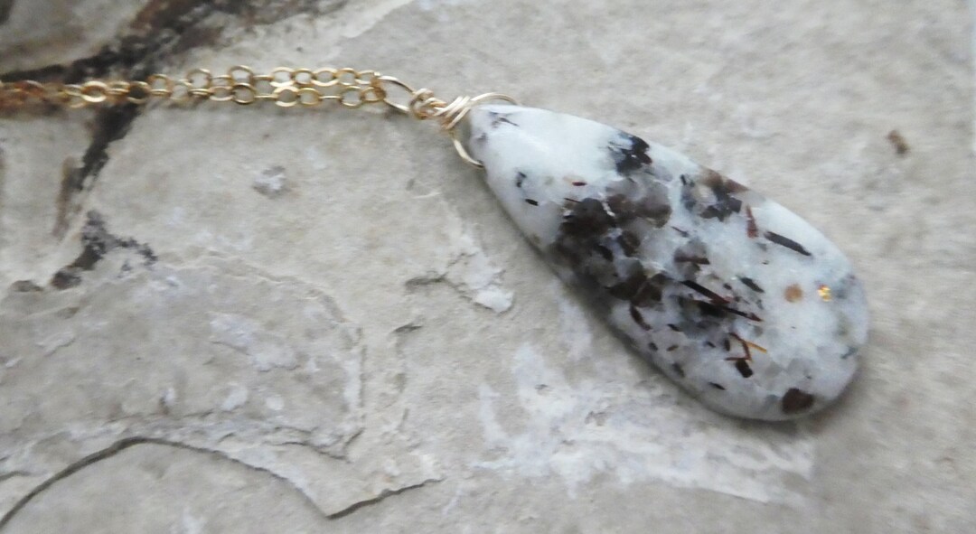 Astrophyllite Teardrop Necklace-white Grey Brown Gold Pendant-rare ...