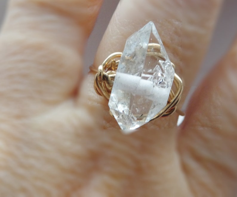 Herkimer Diamond Gold Ring gold Filled Wire Wrapped Size 8 Ring Double ...