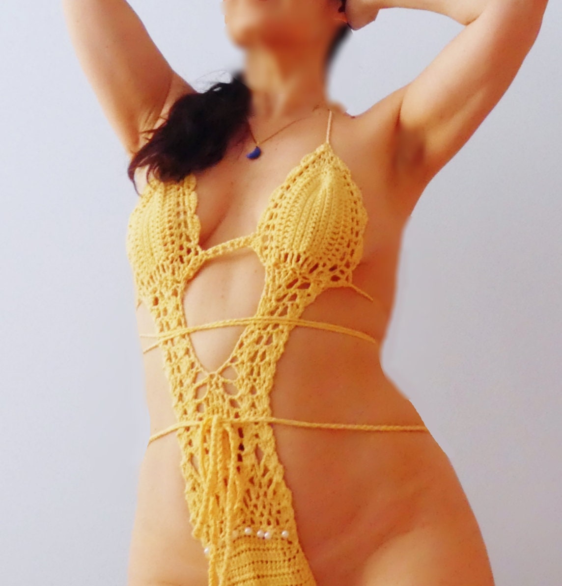 Crochet Monokini Boho Onepiece Swimsuit Yellow Monokini Pool Bikini Beachwear Fashion Crochet