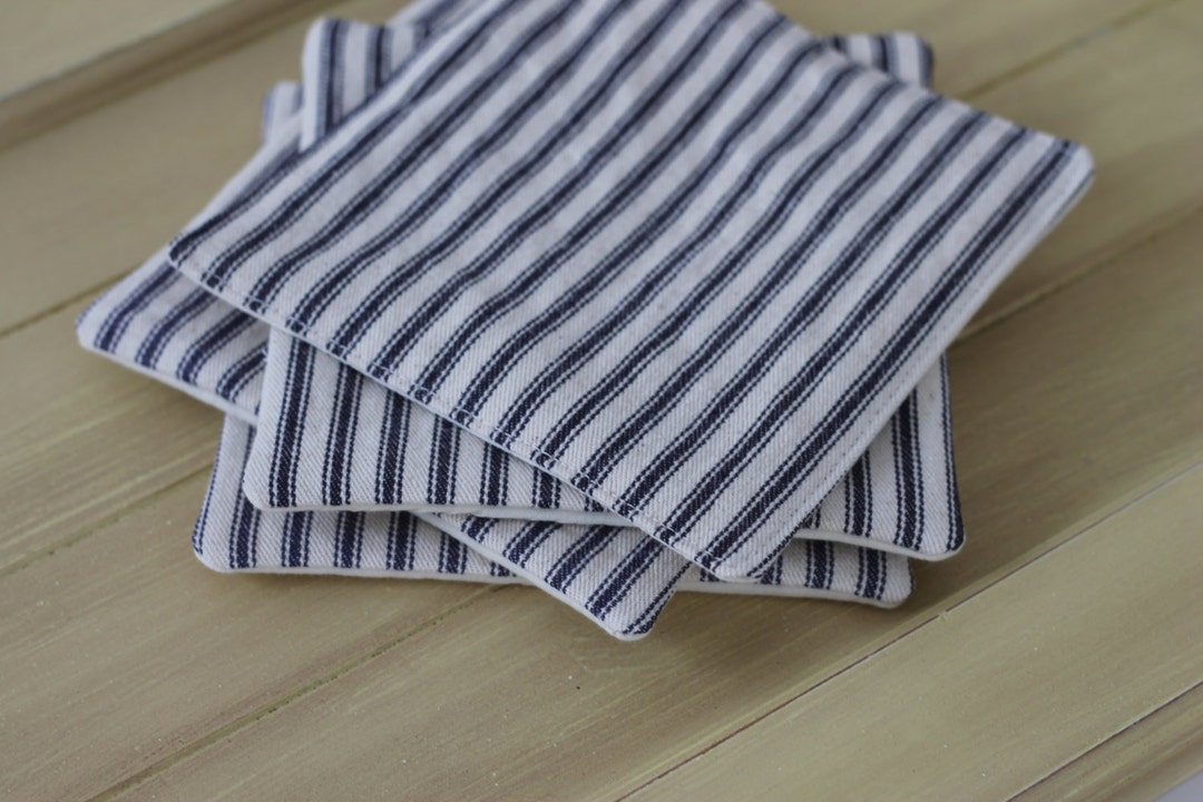 Navy Stripe Fabric Coaster Set, French Ticking Stripe Coaster ...