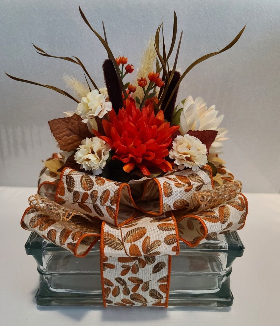 Seasonal Fall Centerpiece, Lighted Glass Block Centerpiece, Office ...