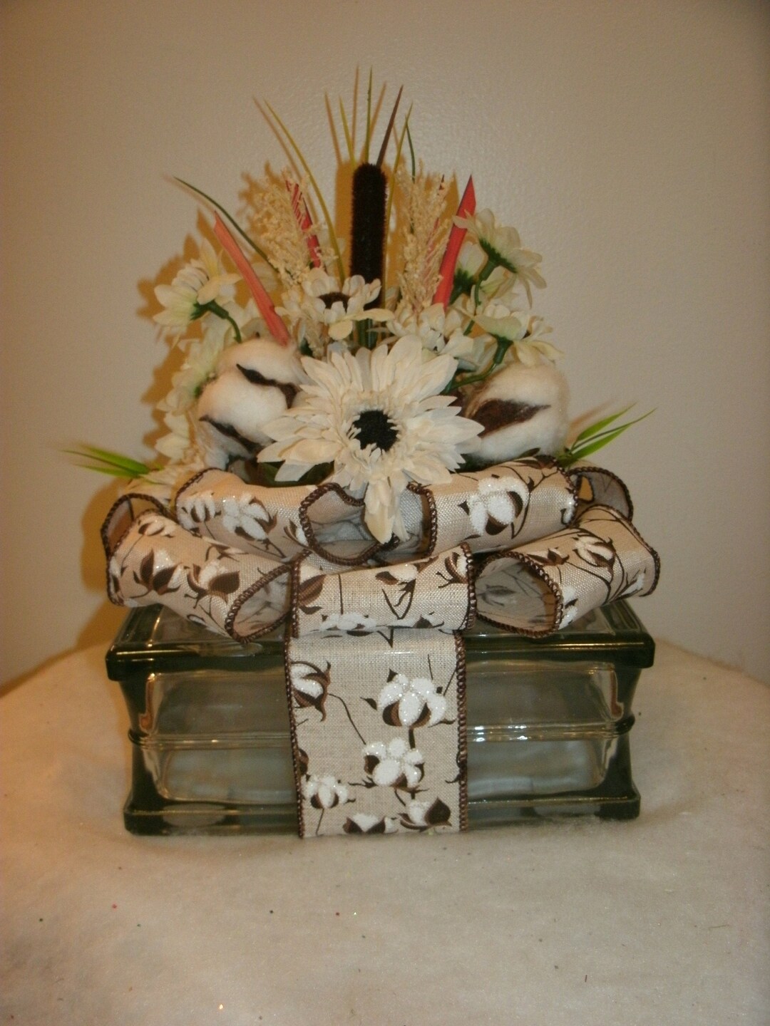 Cotton Floral Lighted Glass Block Centerpiece - Summer-fall Home Decor ...