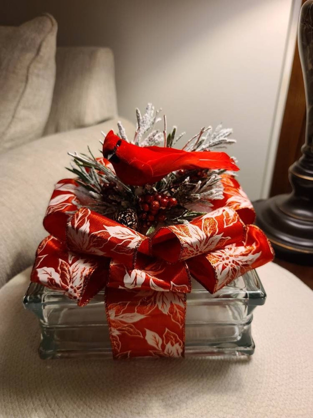 Winter Cardinal Glass Block Centerpiece, Table Decor, Floral ...