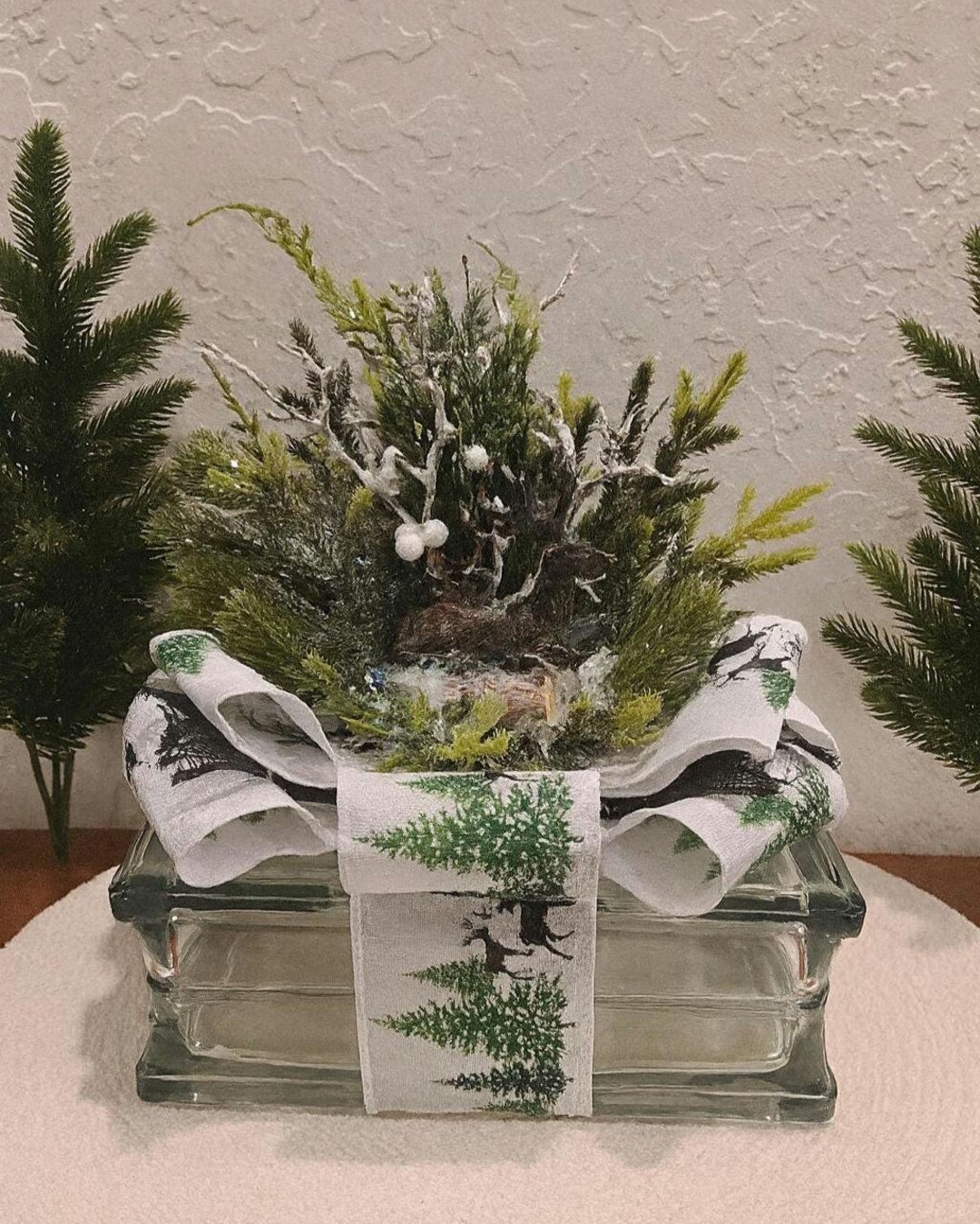 Frosted Forest Glass Block Centerpiece – Winter Pine & Reindeer Ribbon ...