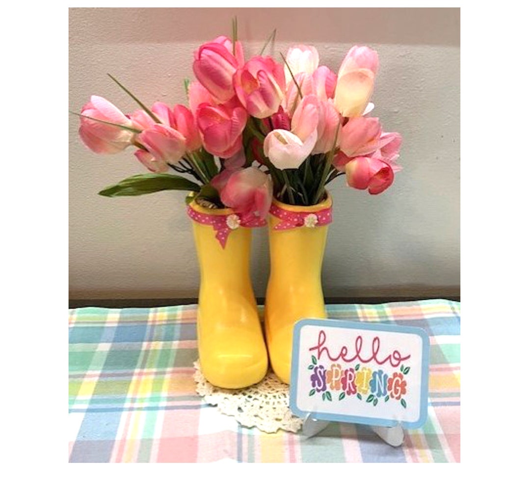 Mini Ceramic Rain Boots Floral Planter With Tulips for Your Spring ...