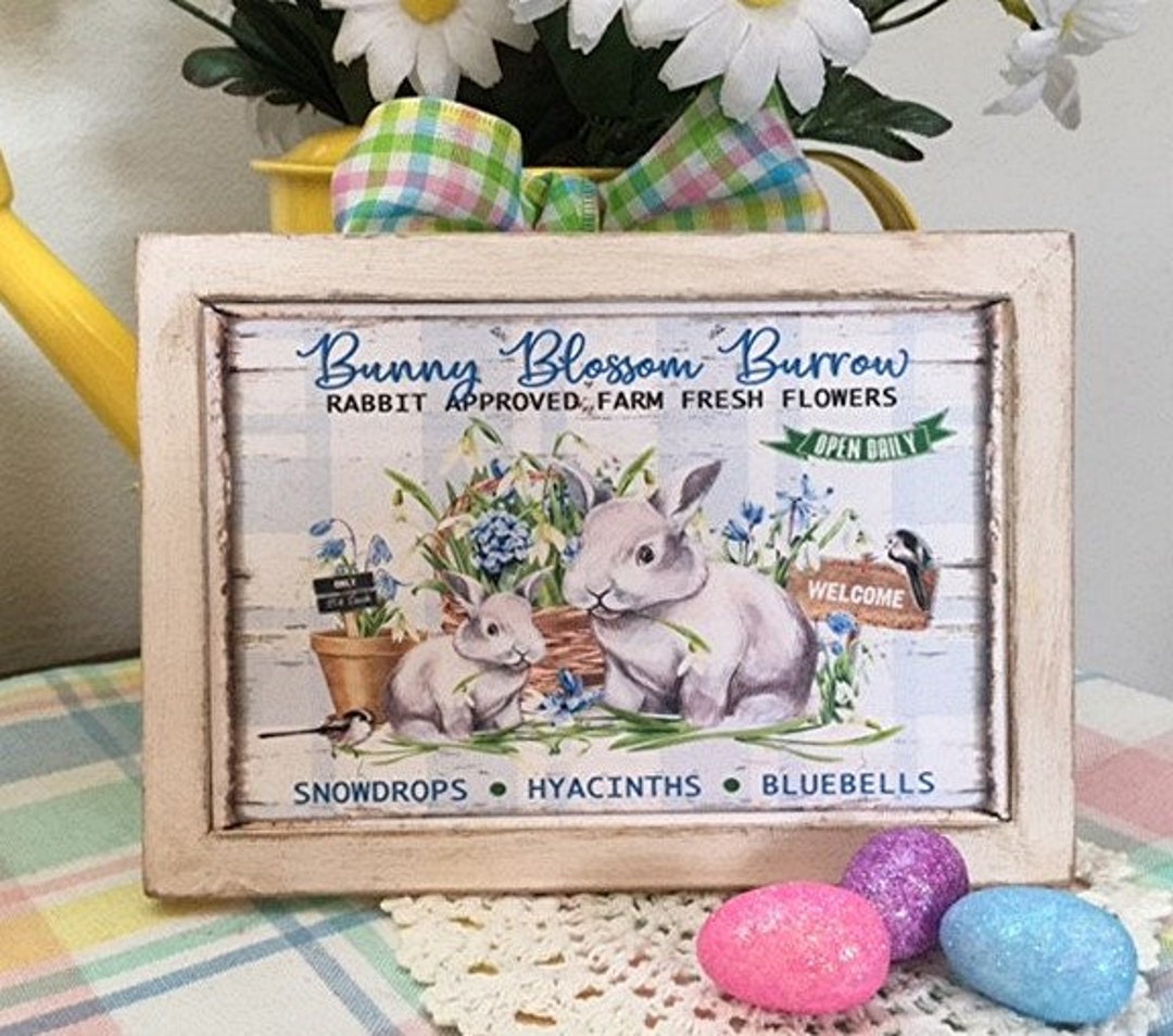 Bunny Blossom Burrow Framed Wood Sign for Spring Tiered Trays - Etsy