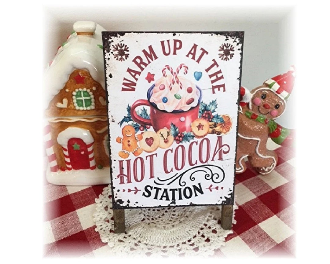 Warm up at the Hot Cocoa Station Mini Wood Easel Sign for Tiered Trays ...