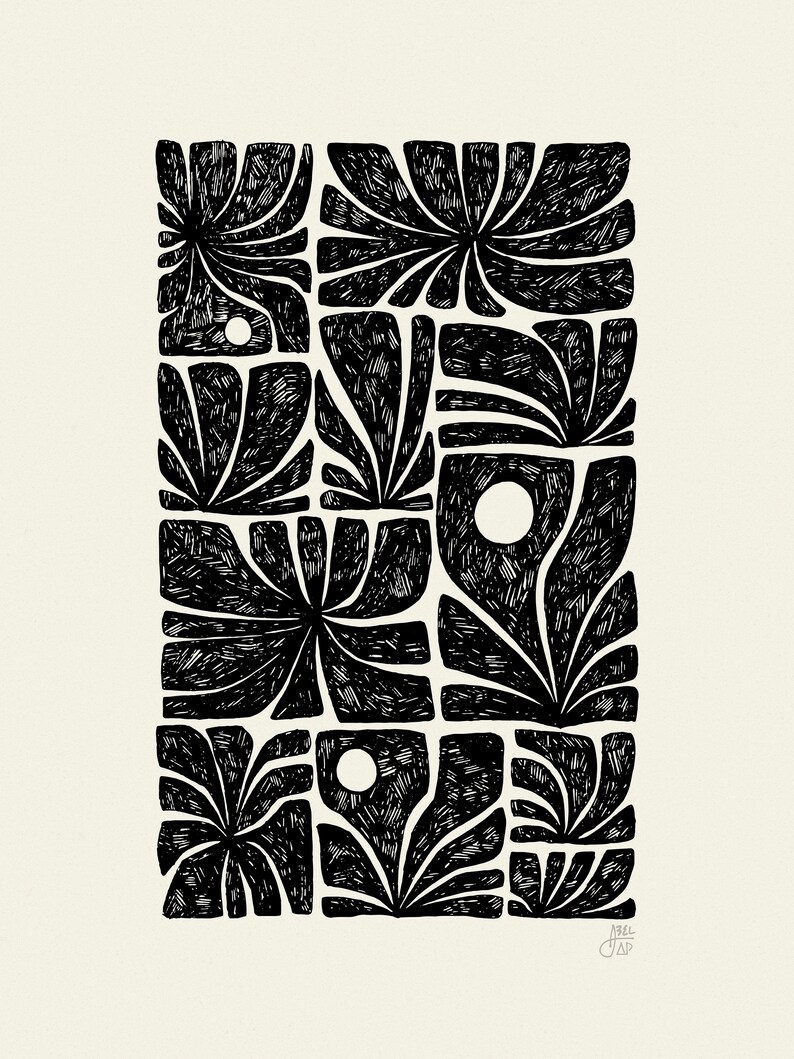 Flora Block White & Black Art Print Modern Floral Pattern - Etsy