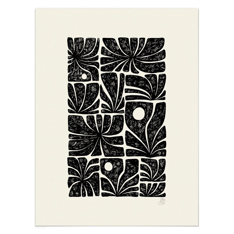 Flora Block White & Black Art Print Modern Floral Pattern - Etsy