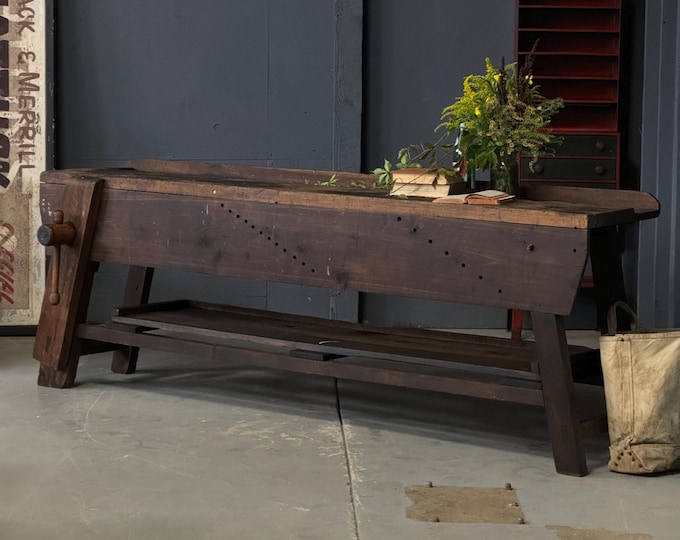 LARGE Antique Workbench Table, Wood Working Bench With Vice, Industrial Workbench, Industrial ...