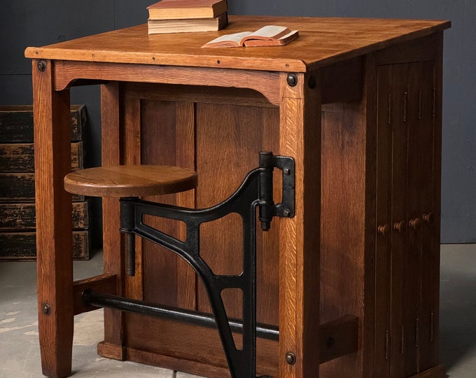 Antique Drafting Table With Swing Out Seat, Slant Top Desk With Swivel ...