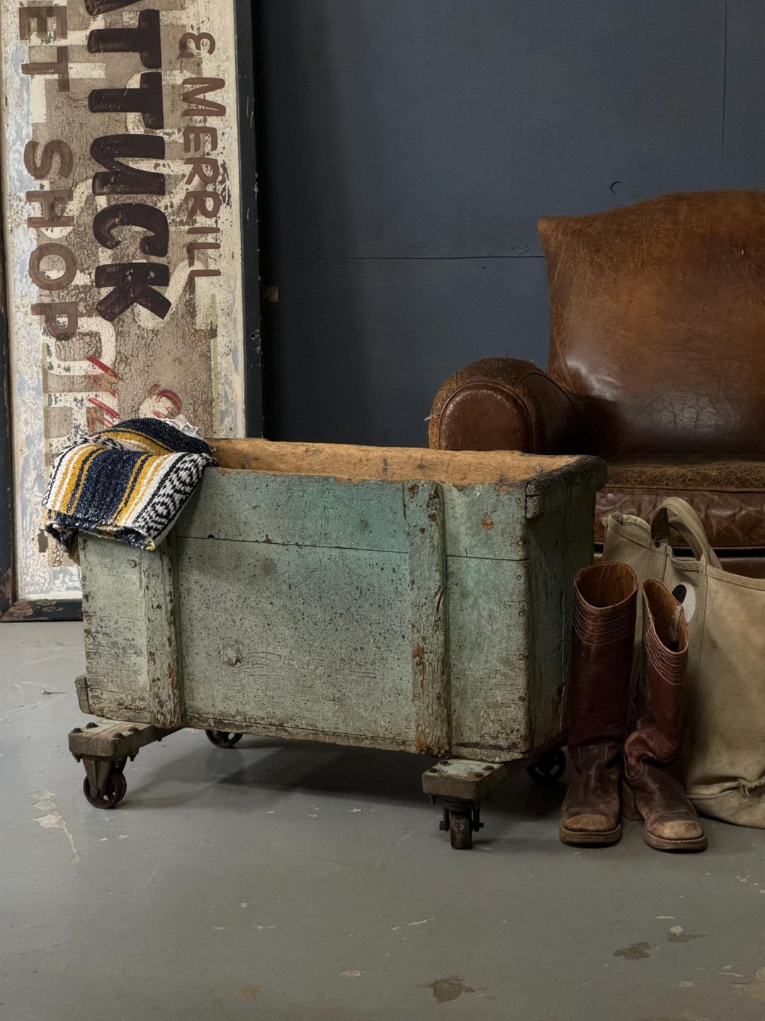 Antique Industrial Factory Cart, Industrial Wood Crate on Wheels ...