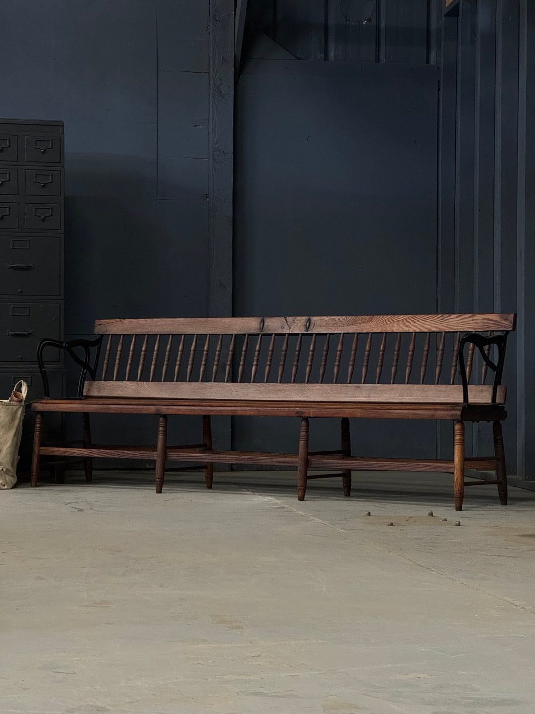 Large Antique Wood Bench, Railroad Station Bench, Wood and Iron Bench ...