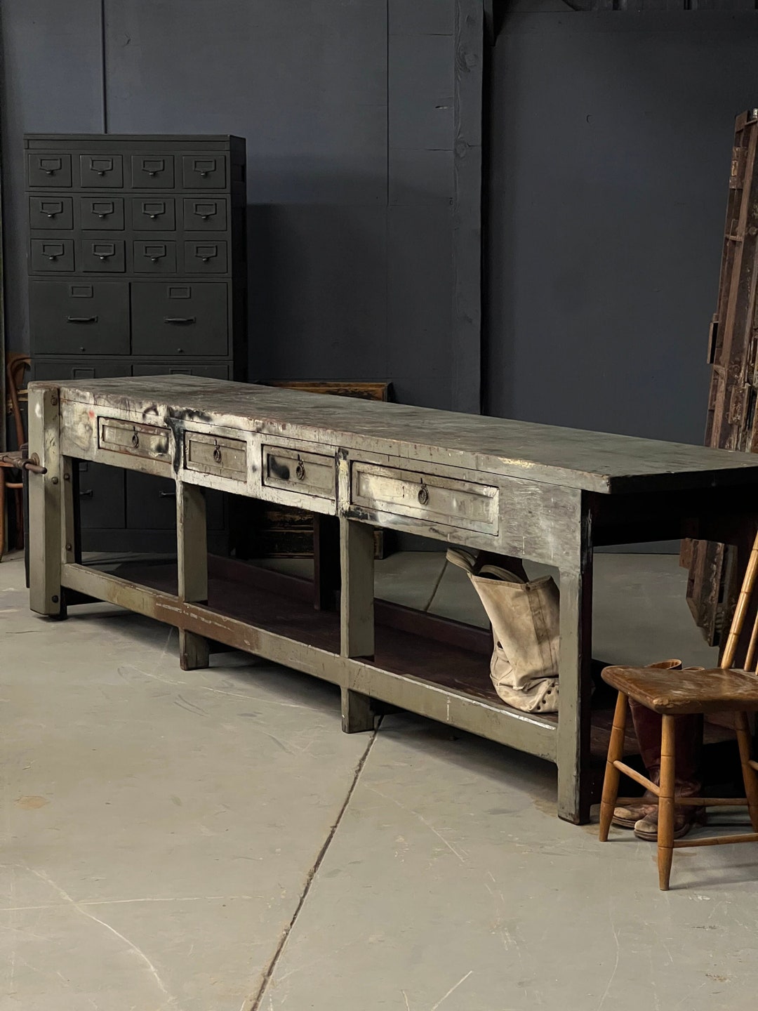 Large Antique Workbench Table, 12 FT Train Station Workbench, Wood Workbench Table, Primitive ...