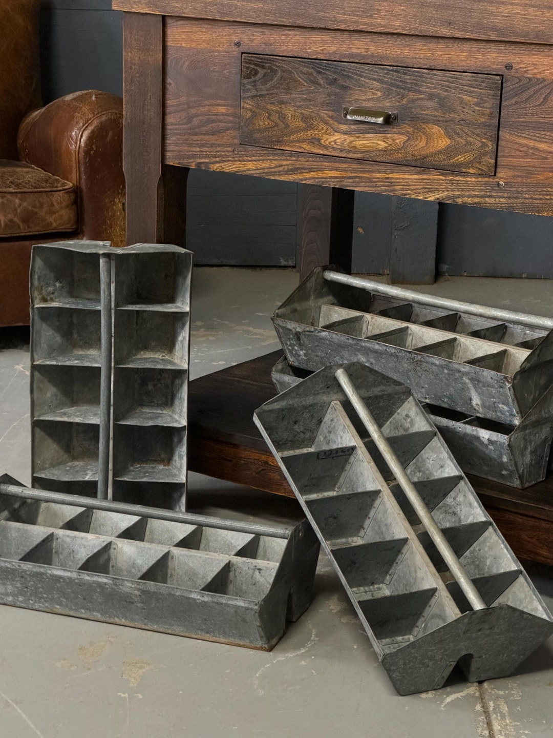 Large Antique Galvanized Tote, Set of Five Stacking Tool Caddies ...