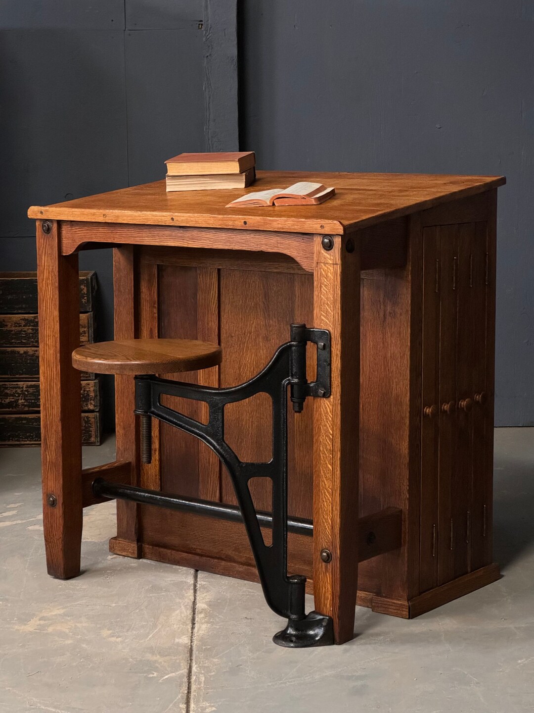 Antique Drafting Table With Swing Out Seat, Slant Top Desk With Swivel ...