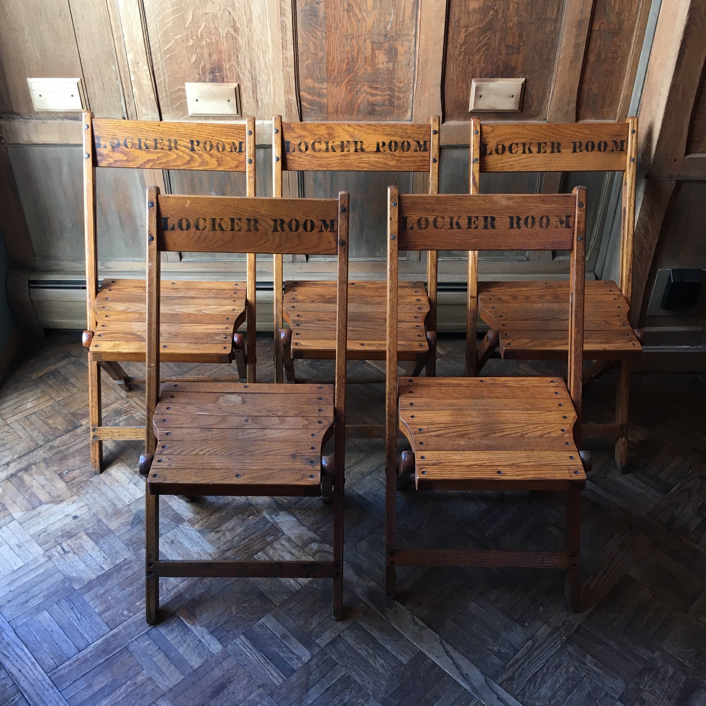 Vintage Locker Room Folding Chairs, Set of 5, Wood Folding Chairs ...