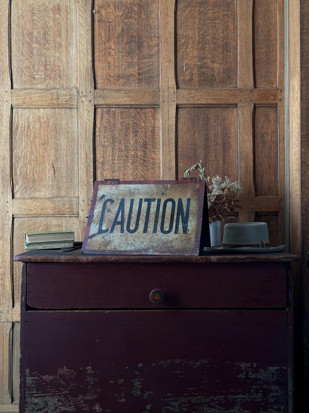 Antique Caution Sign, Double Sided Industrial Caution Sign, Metal ...