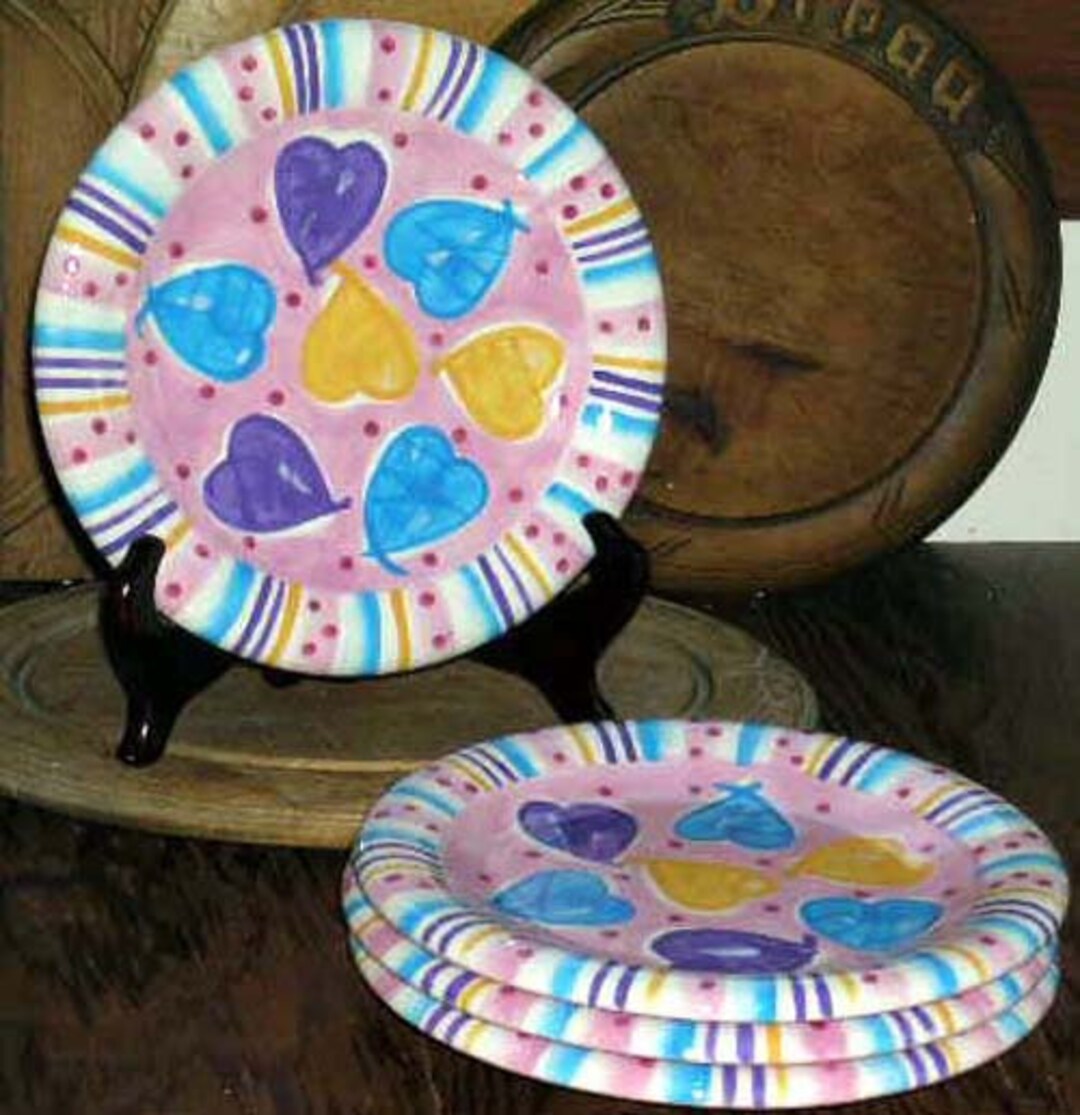 Four Libby Wilkie Stoneware Plates - Pink Turquoise Yellow Purple ...