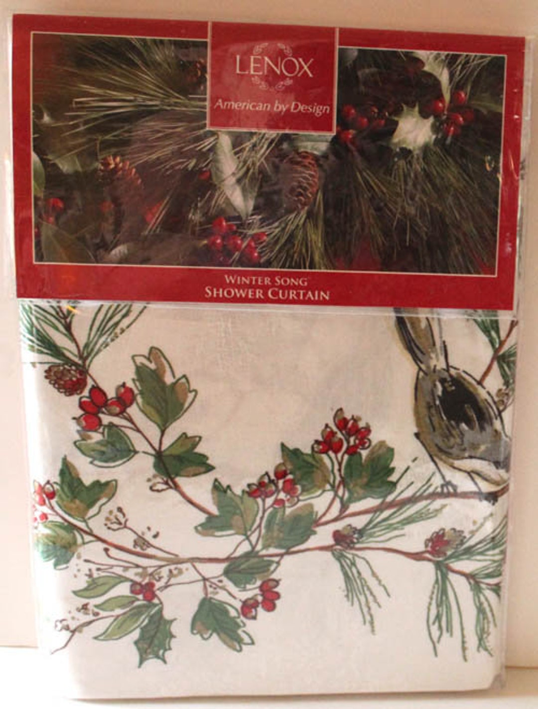 Lenox Winter Song Shower Curtain - Winter Song Holly Berries Fir Damask ...