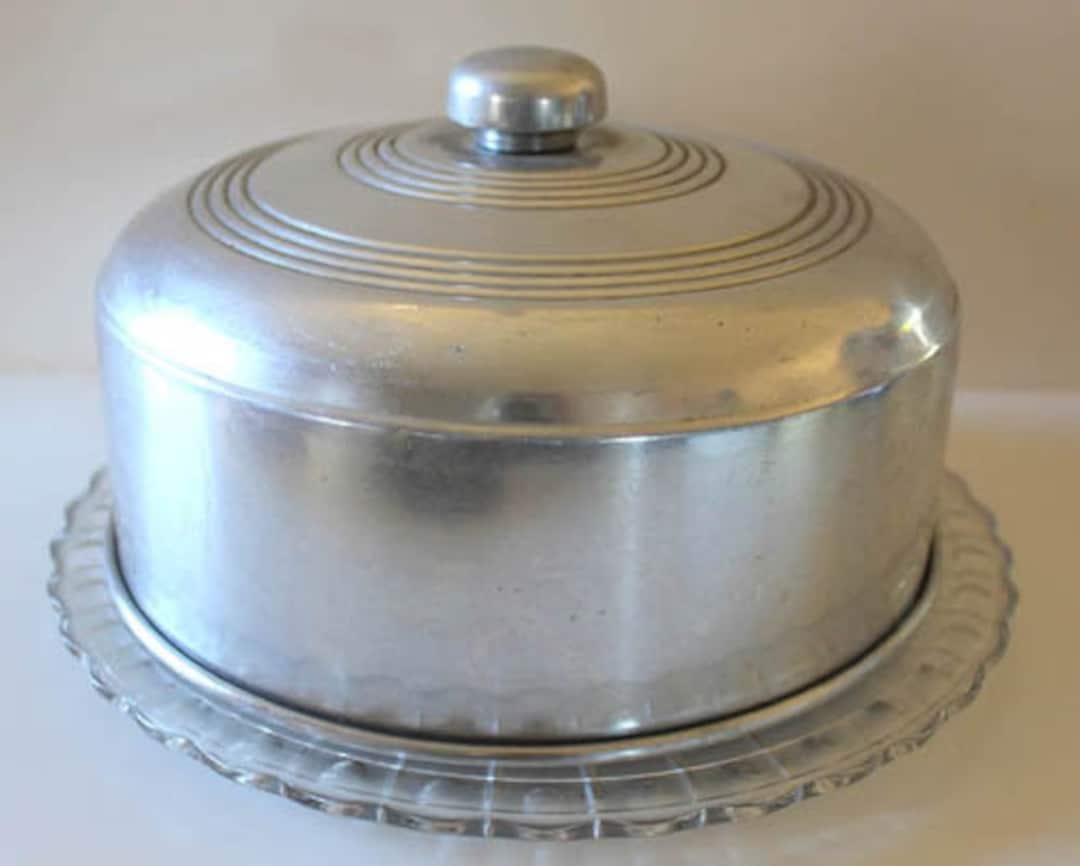 2 Piece Mid Century Footed Glass Cake Plate & Aluminum Dome Cover ...