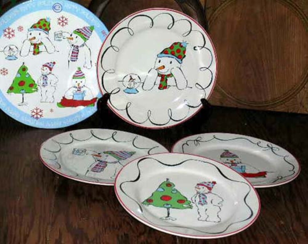 4 Piece Vintage Happy Holidays Snowman Christmas Plate Set Collectible ...