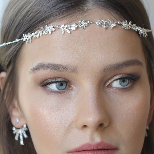 Dainty Bohemian Bridal Crystal Forehead Crown Silver Rose | Etsy