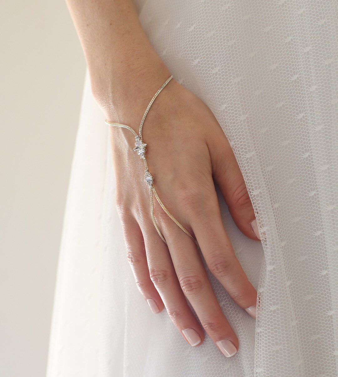 Gypsy Gold Finger Bracelet, CZ Hand Chain, Crystals Hand Chain, Rose ...