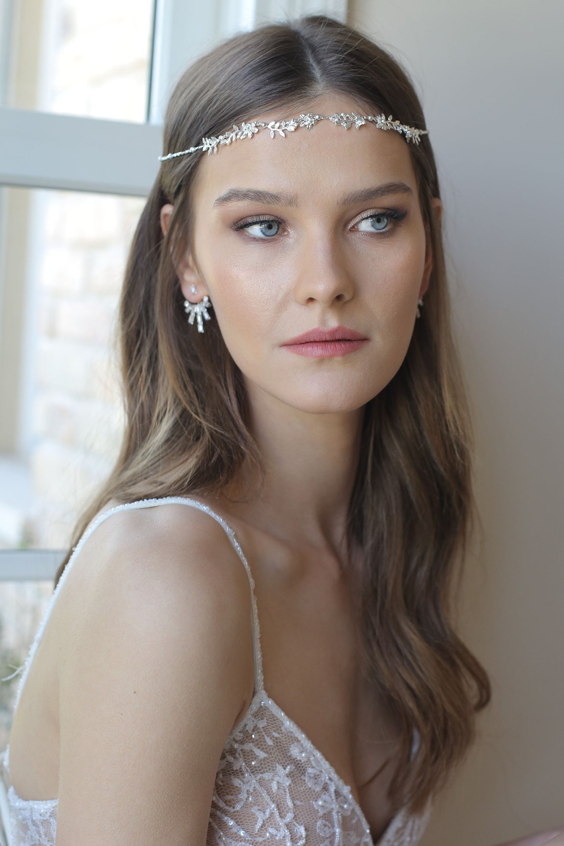 Dainty Bohemian Bridal Crystal Forehead Crown Silver Rose | Etsy