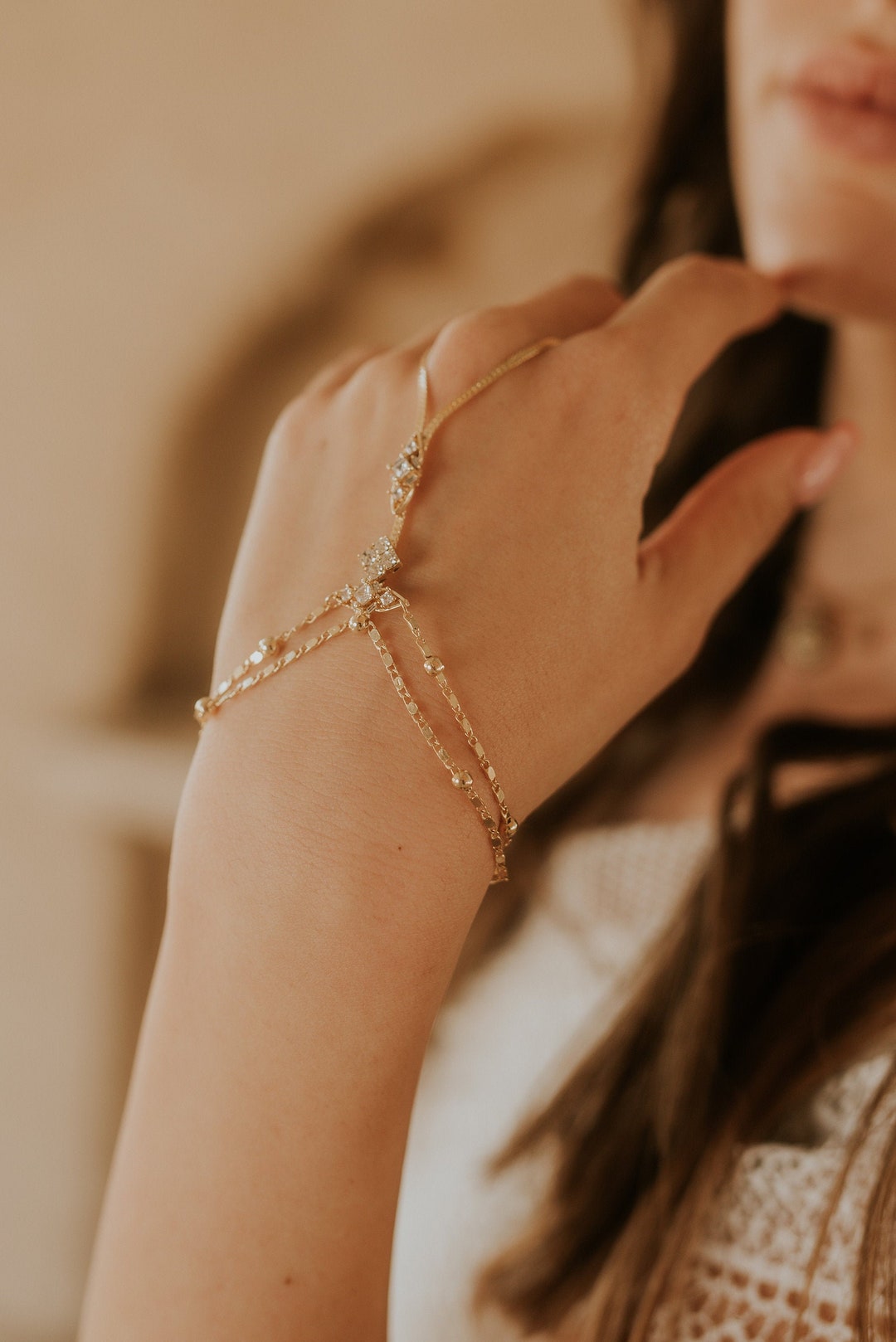 Gypsy Gold or Silver Finger Bracelet, CZ Hand Chain, Crystals Hand ...