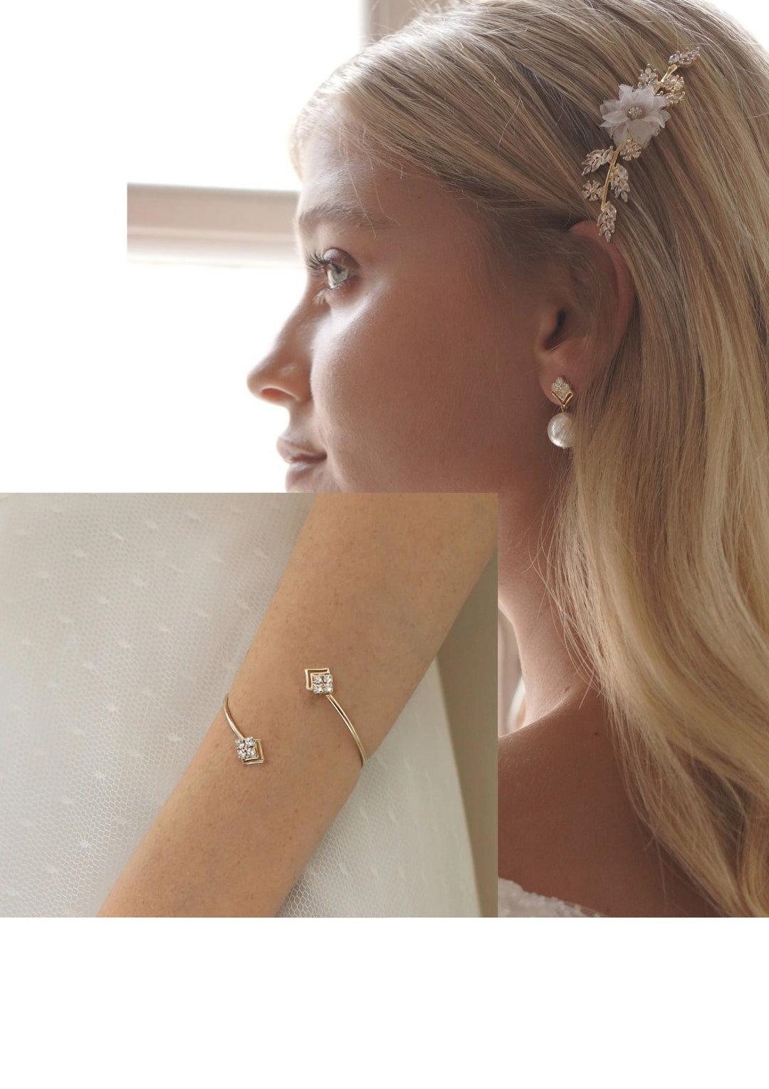 Special Bridal Jewelry Set - Pearls Earrings, Arm Bracelet and Side ...