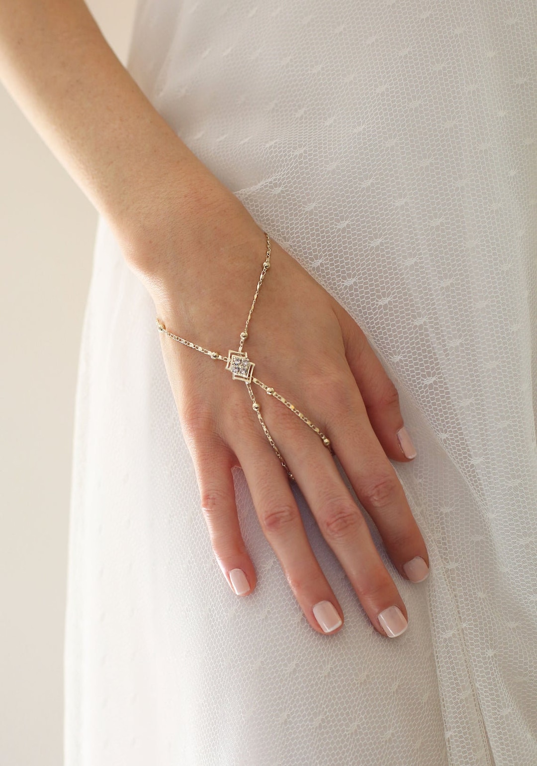 Gypsy Gold or Silver Finger Bracelet, CZ Hand Chain, Crystals Hand ...