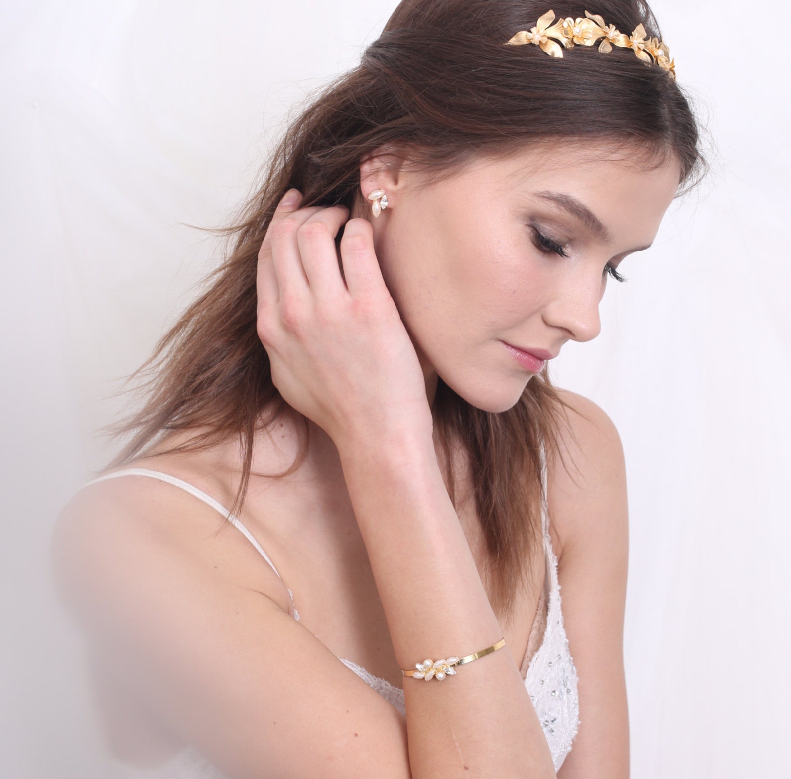 18K Gold Bridal Arm Cuff, Pearl Flower Bracelet, Vintage Wedding ...