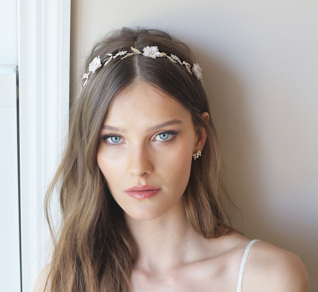 Gold Leaf Wedding Tiara, Powder Silk Flower Bridal Headpiece - Etsy