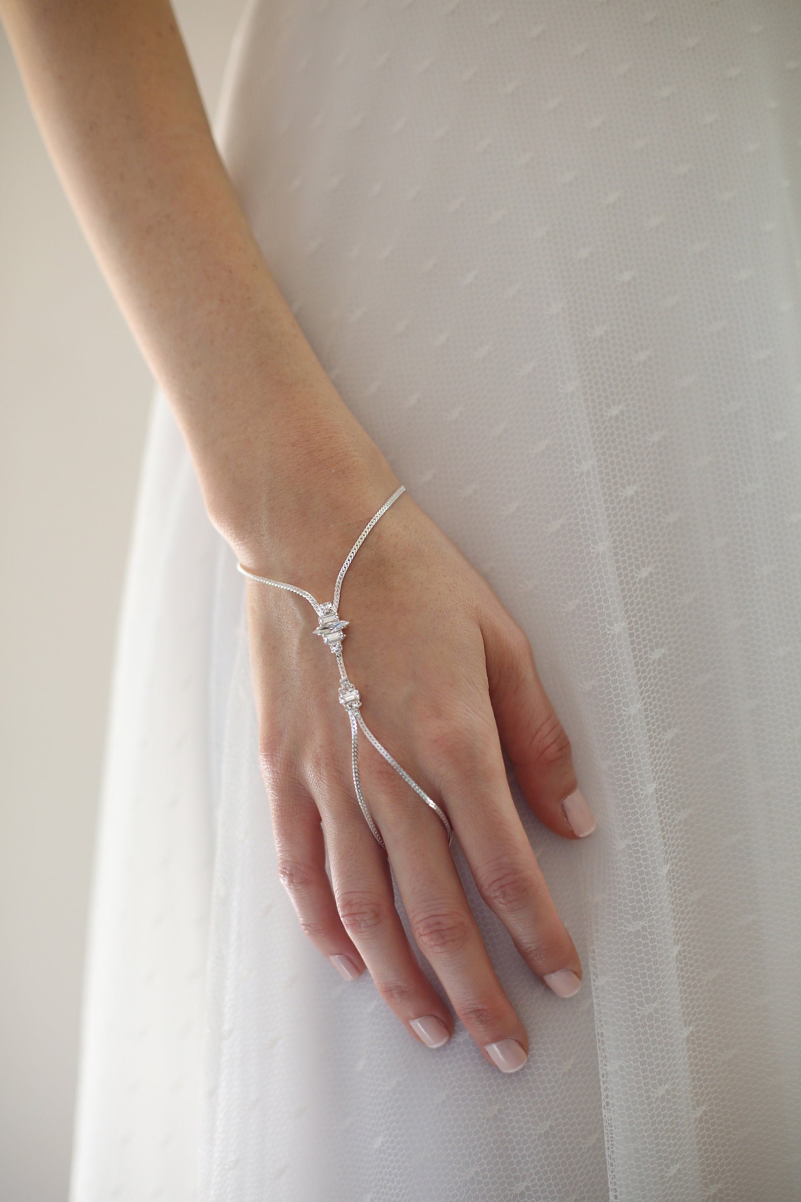 Gypsy Silver Finger Bracelet, CZ Hand Chain, Crystals Hand Chain, Rose ...