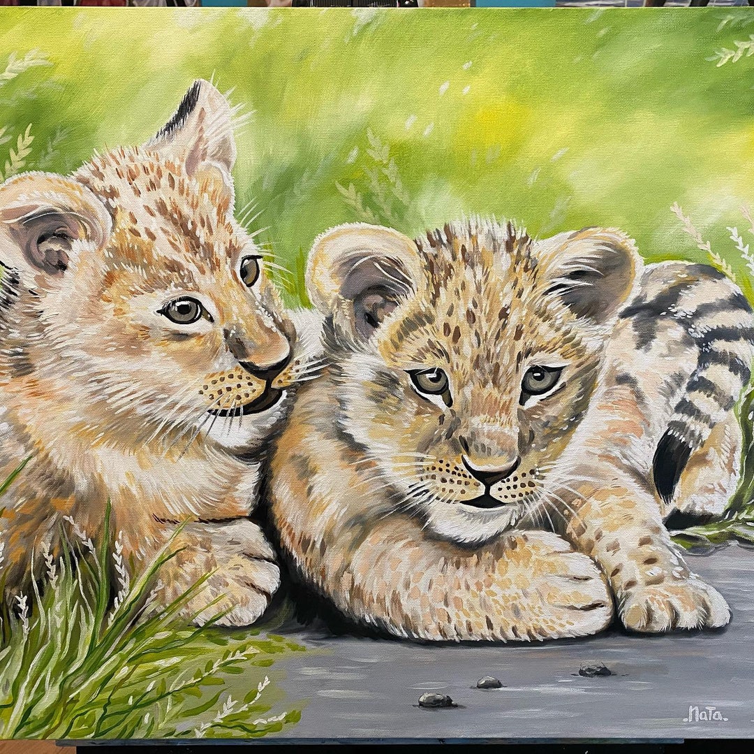 Cute Lion Cubs. Original Oil Paintings, Wildlife, Animals, Wall Artwork ...
