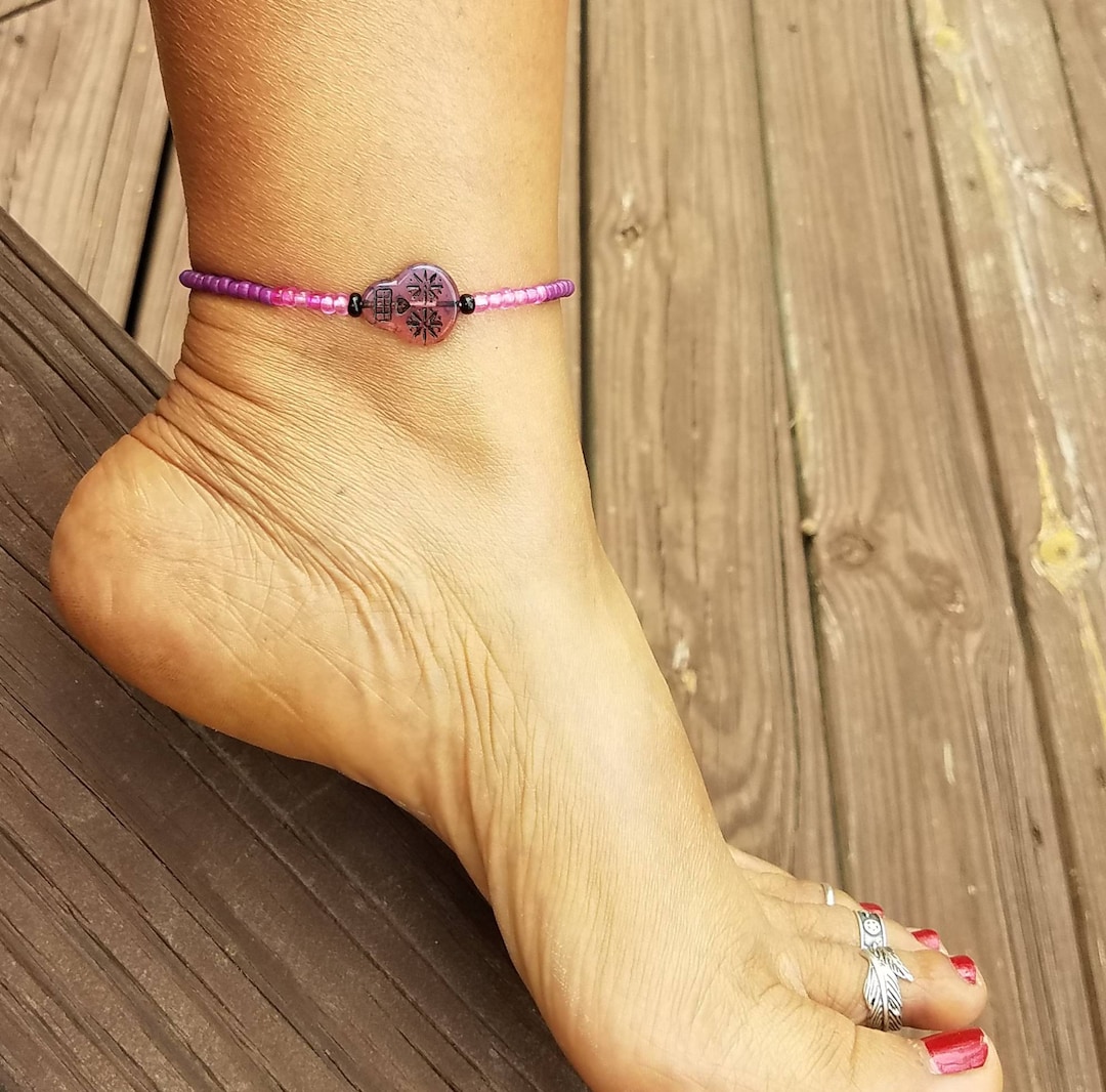 Sugar Skull, Ankle Bracelet, Anklet, Purple Sugar Skull Stretch Anklet ...
